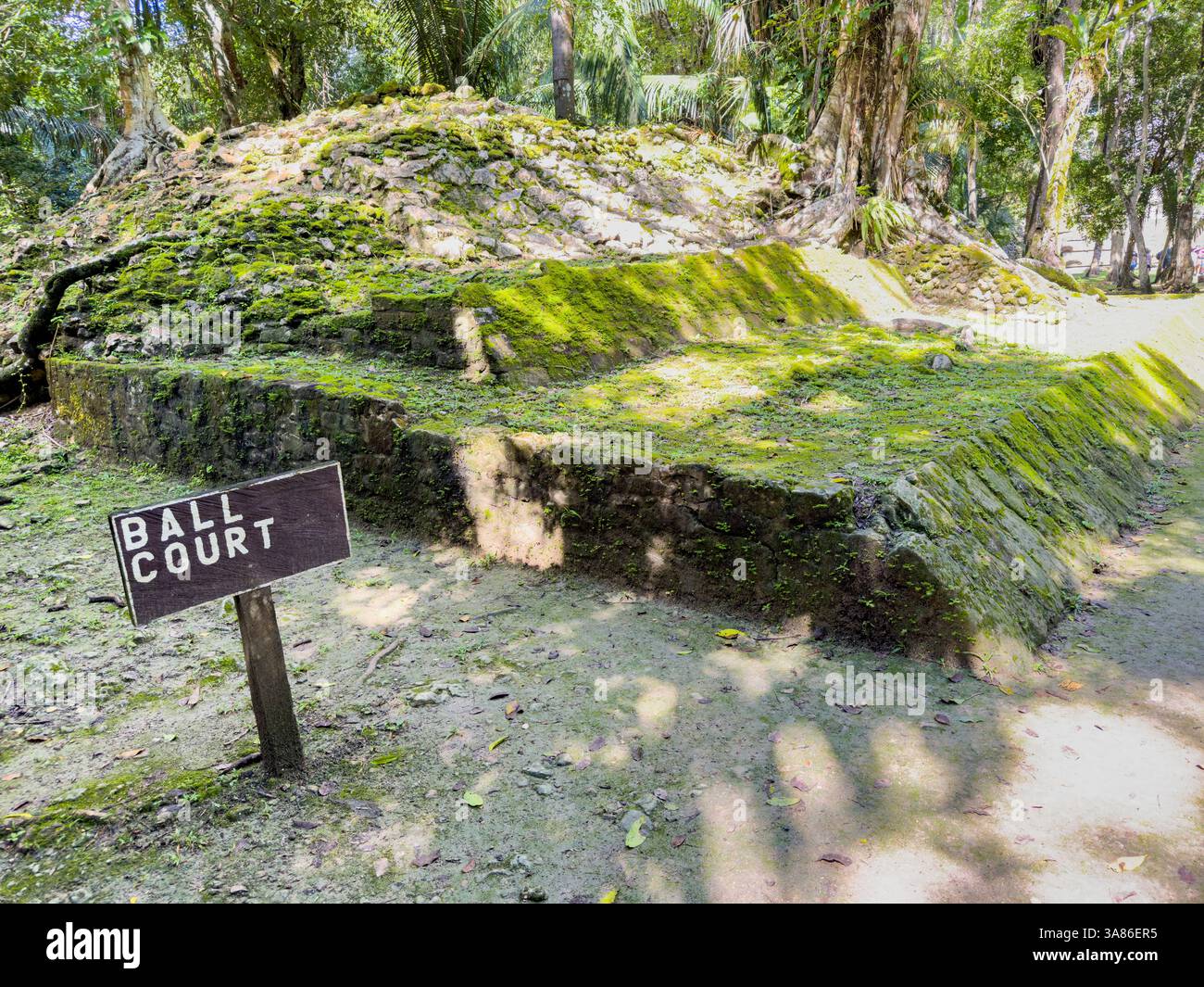 Ball court near the high temple at the Mesoamerican archaeological site ...