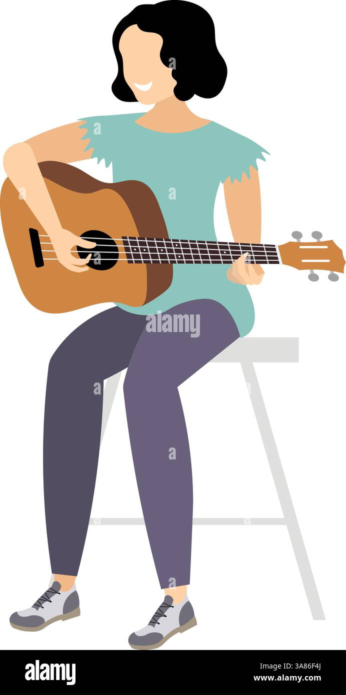 Vector people. Playing acoustic guitar. A girl musician sits and plays ...