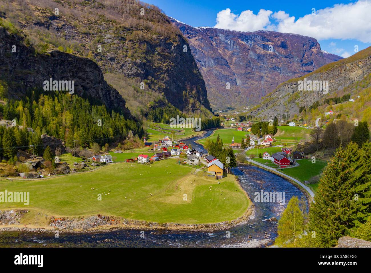 View from the Bergen Railway route from Myrdal to the town of Flam ...