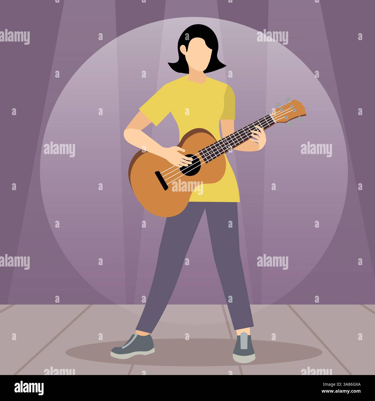 Vector people. Playing acoustic guitar. A cute girl guitarist performs ...