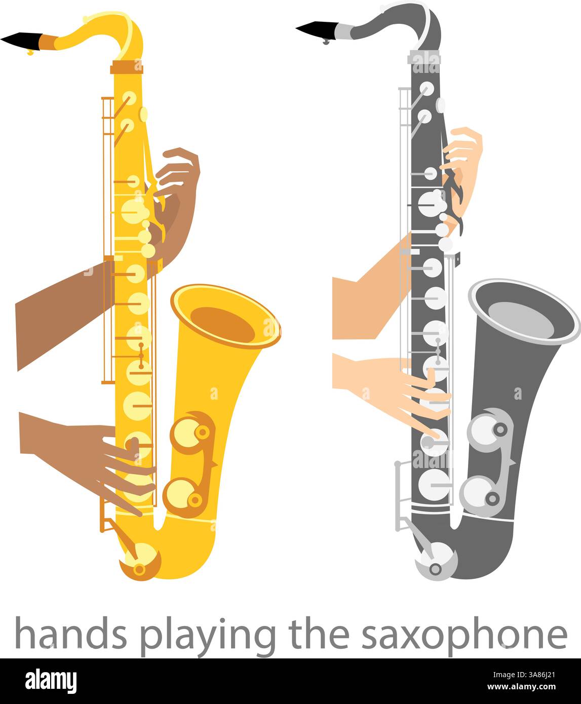 Vector people. Black and white hands play melodies on the saxophone ...