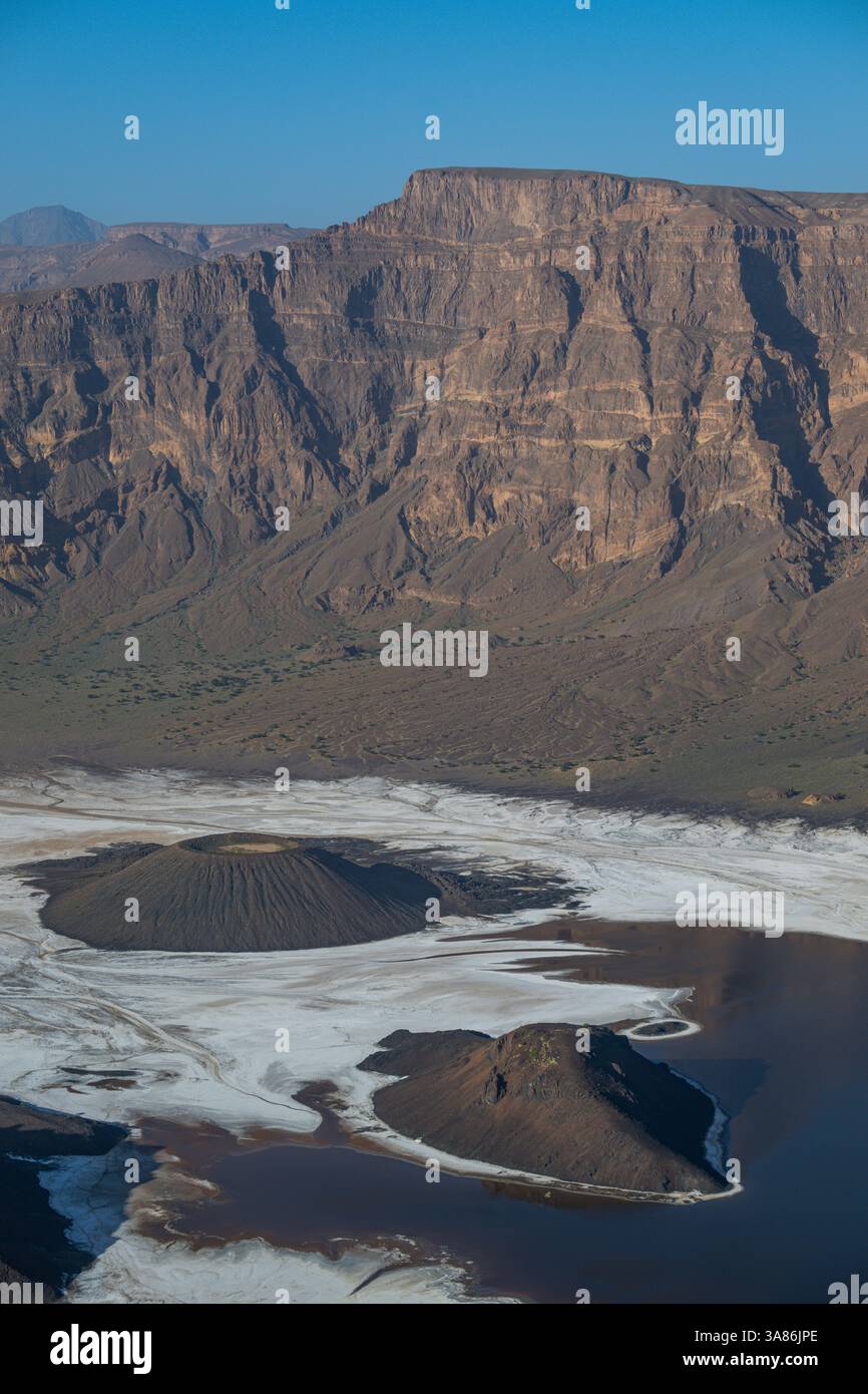 Aerial of the Trou du Natron volcanic crater and its natron lakes ...