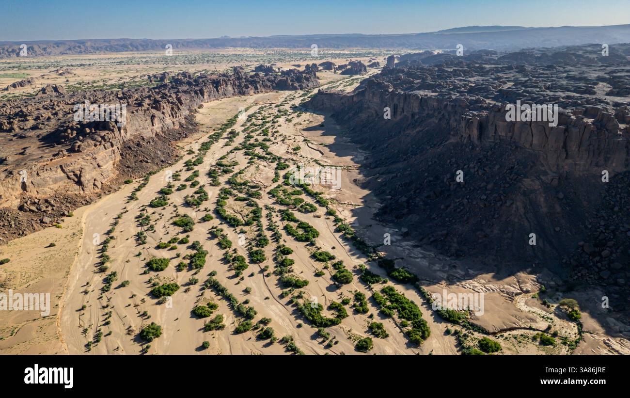 Aerial of the rocky mountains around Zouar, Tibesti Mountains, Chad ...