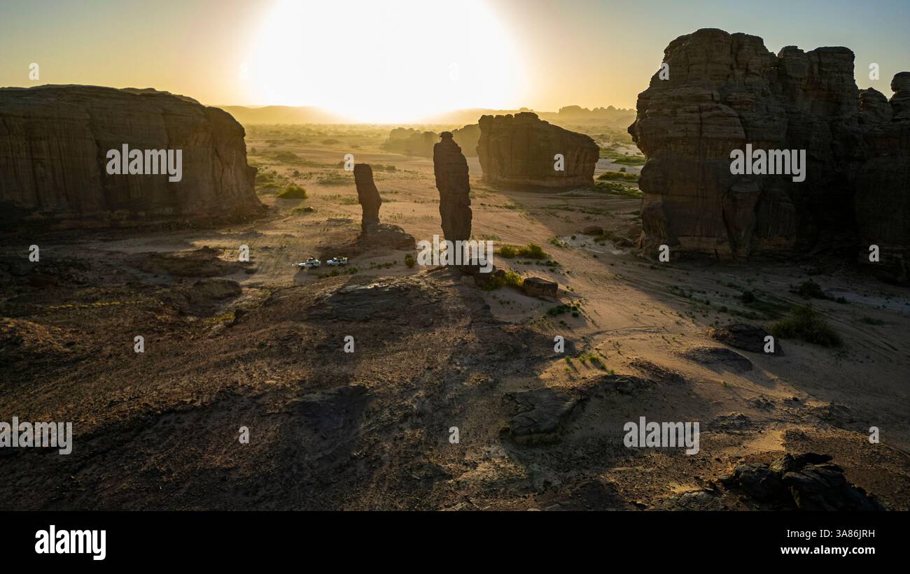 Aerial of beautiful rock formations at sunset around Zouar, Tibesti ...