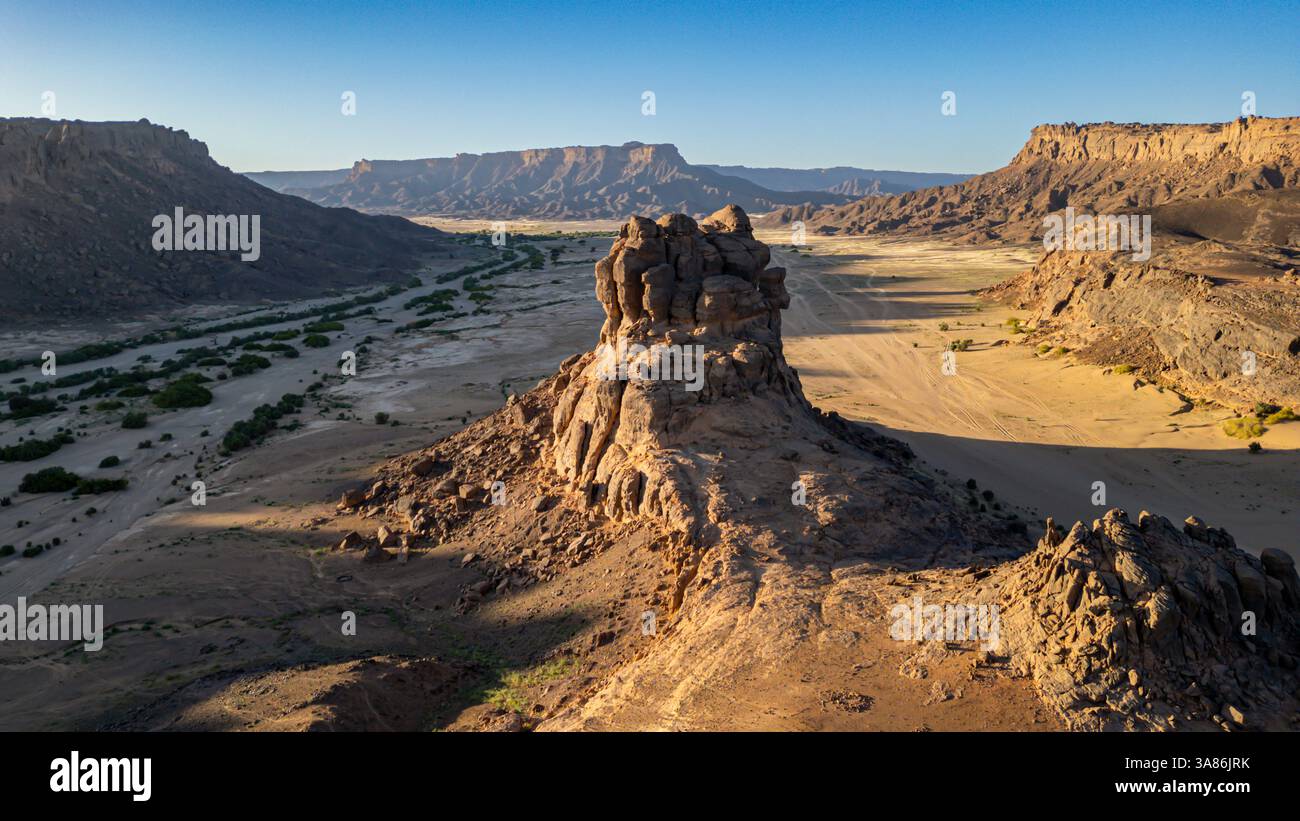 Aerial of the rocky mountains around Zouar, Tibesti Mountains, Chad ...