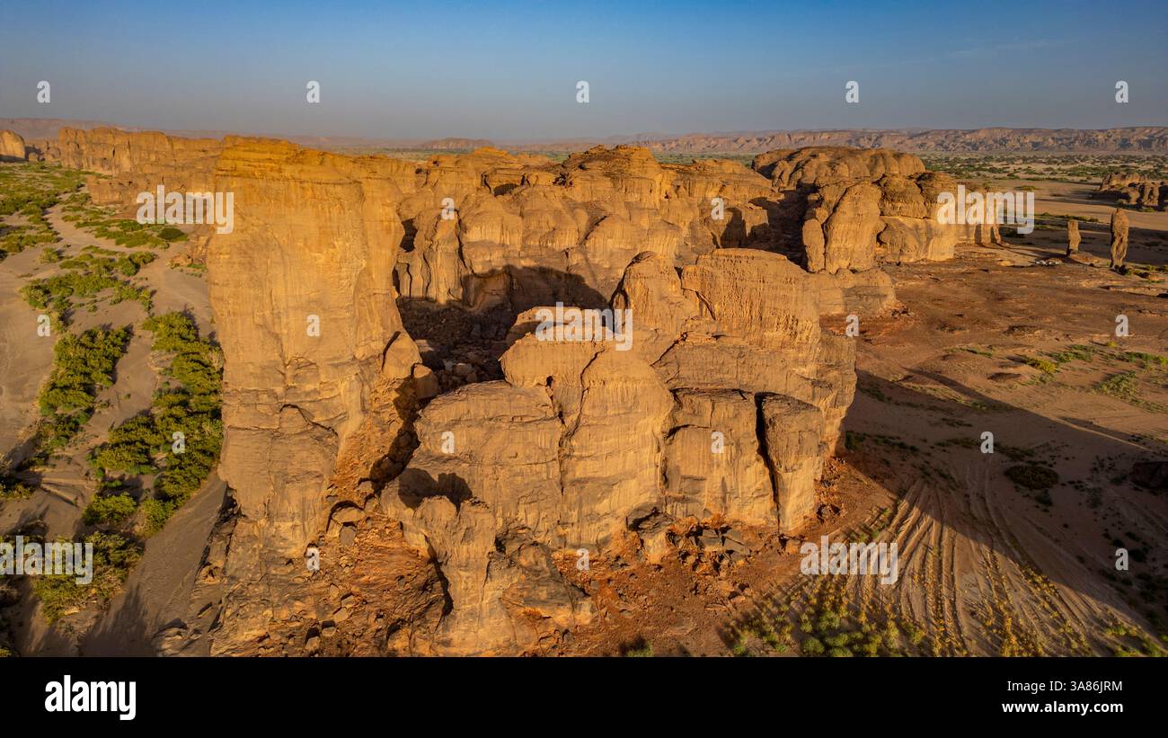Aerial of beautiful rock formations around Zouar, Tibesti Mountains ...
