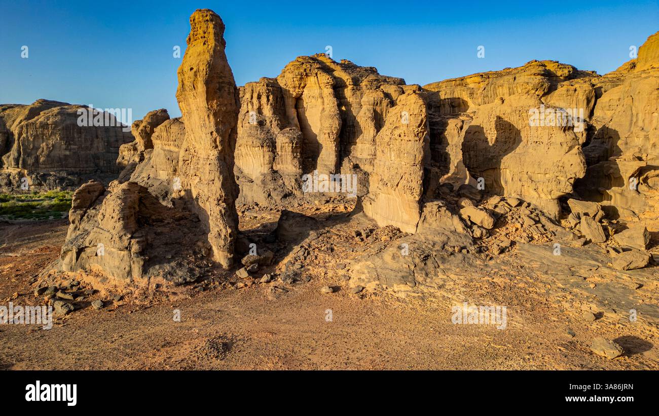Aerial of beautiful rock formations around Zouar, Tibesti Mountains ...