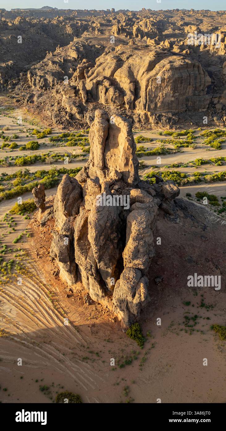 Aerial of beautiful rock formations around Zouar, Tibesti Mountains ...
