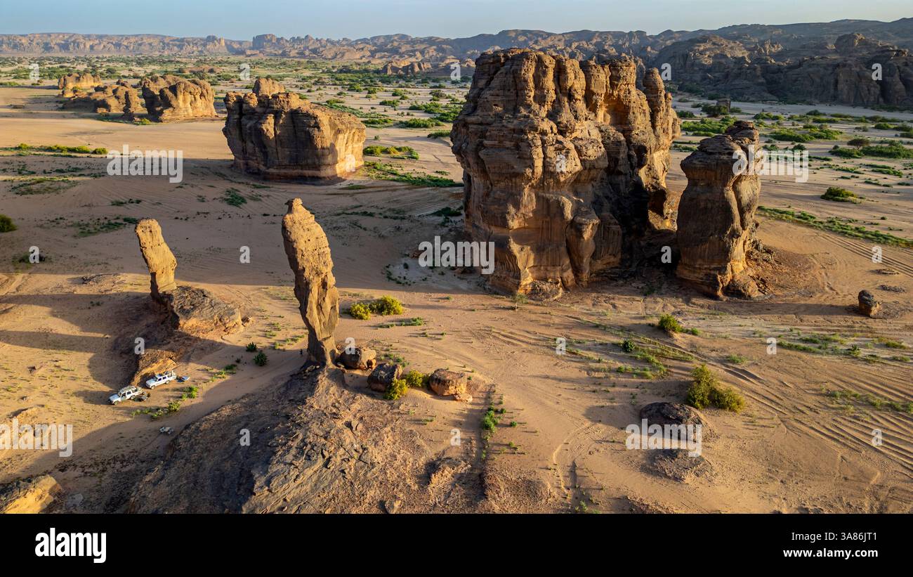 Aerial of beautiful rock formations around Zouar, Tibesti Mountains ...