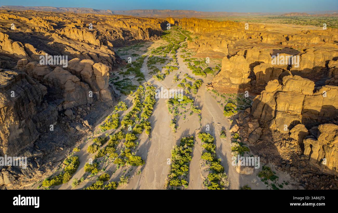 Aerial of beautiful rock formations around Zouar, Tibesti Mountains ...