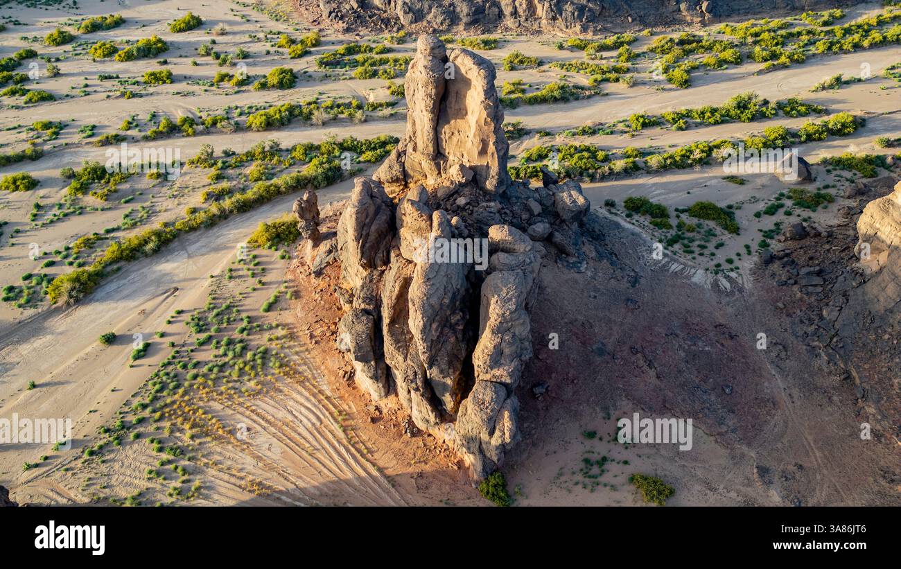 Aerial of beautiful rock formations around Zouar, Tibesti Mountains ...
