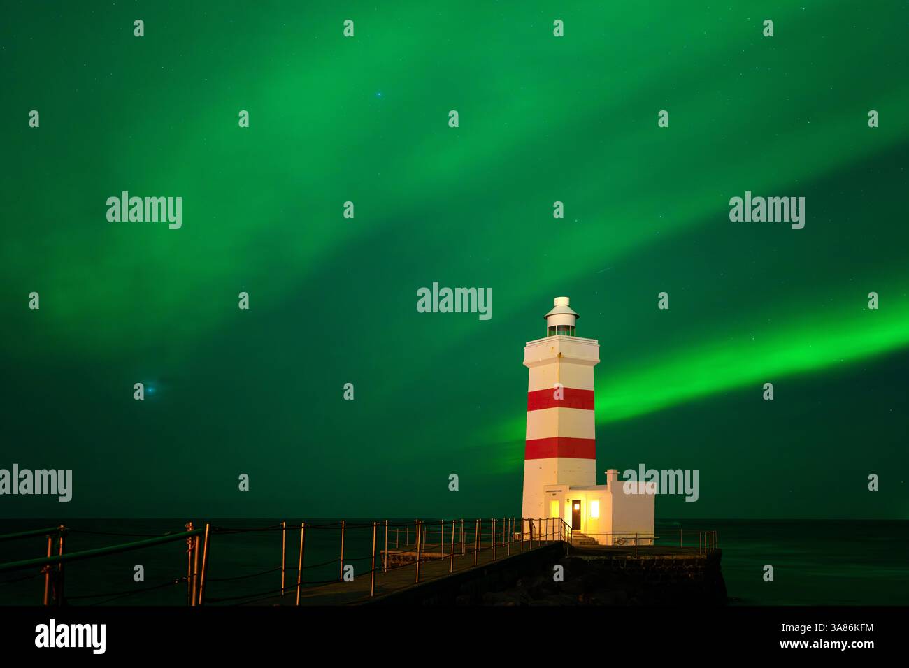 Aurora Borealis (Northern Lights) over Gardur Old Lighthouse, Gardur ...
