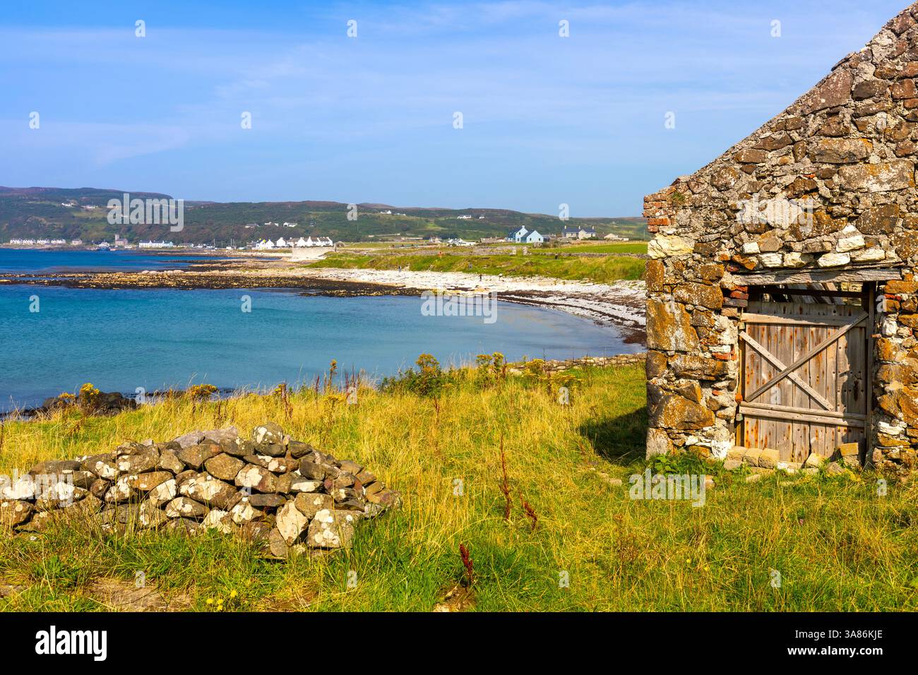 Derelict stone cottage, Rathlin Island, County Antrim, Ulster, Northern ...