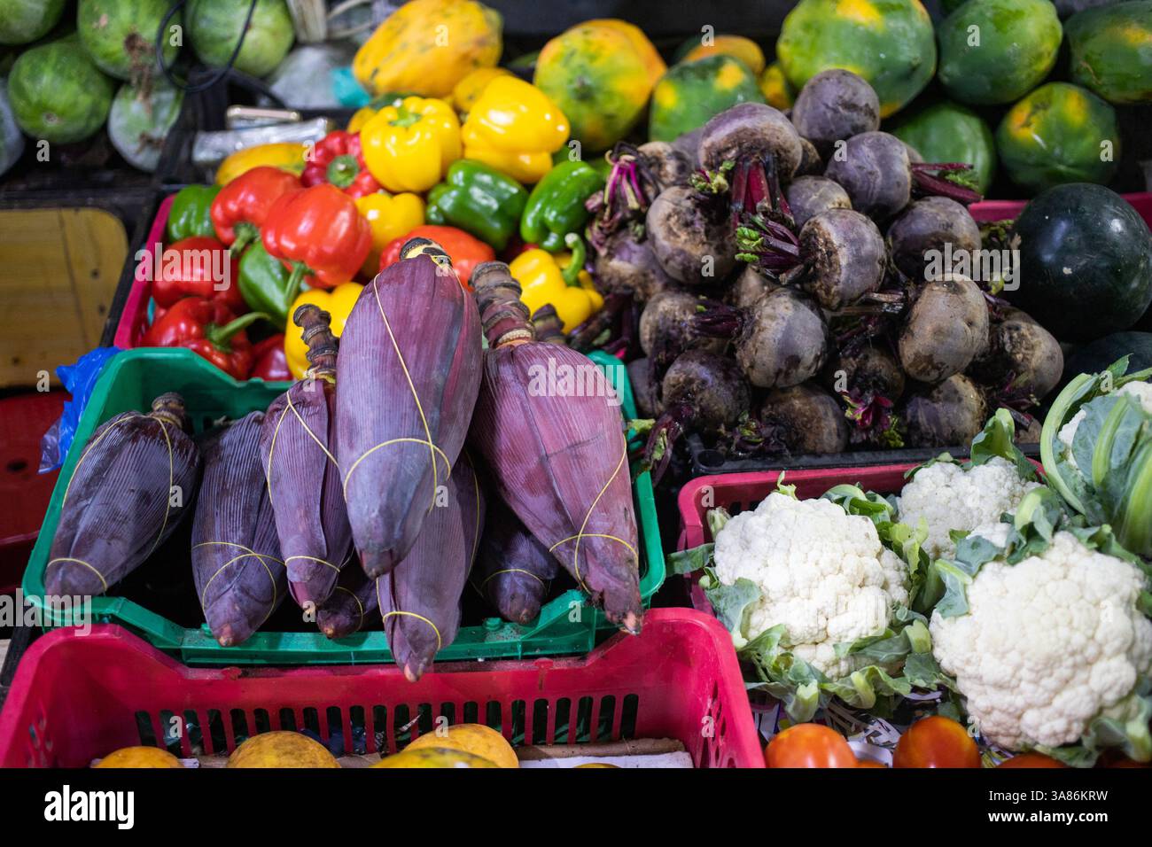 Fresh fruit and vegetables on tropical market, The Maldives, Indian ...