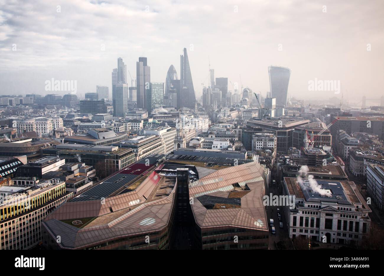 Rooftop view over London on a foggy day from St. Paul's Cathedral ...