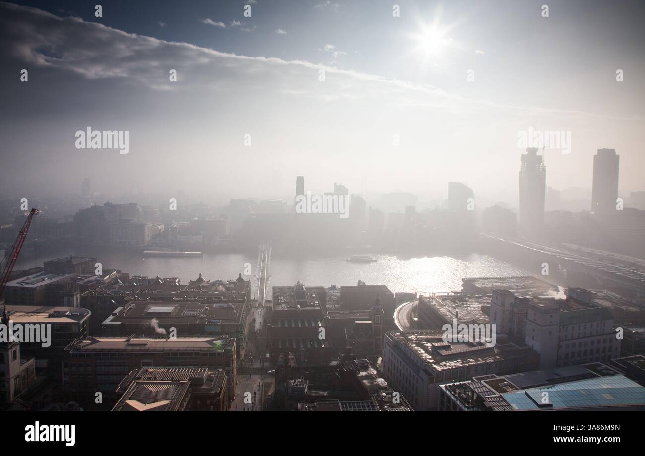 Rooftop view over London on a foggy day from St. Paul's Cathedral ...
