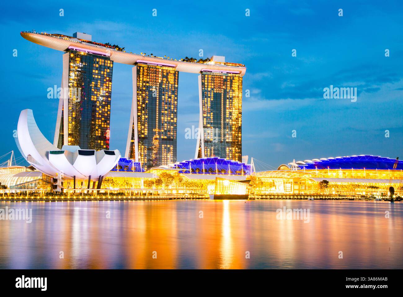Skyline of Singapore Marina Bay at night with Marina Bay Sands, Art ...