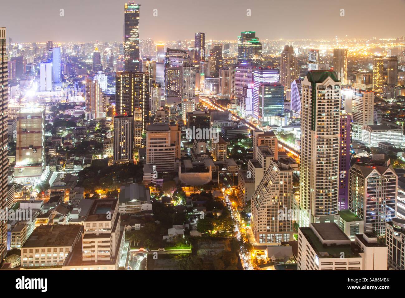 Aerial night view of Bangkok City skyscrapers, Bangkok, Thailand Stock ...