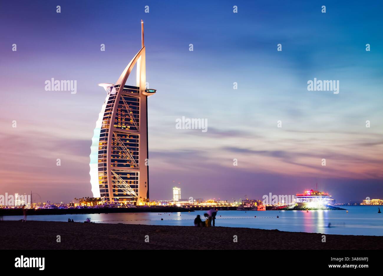 The world's first seven stars luxury hotel Burj Al Arab at night seen ...