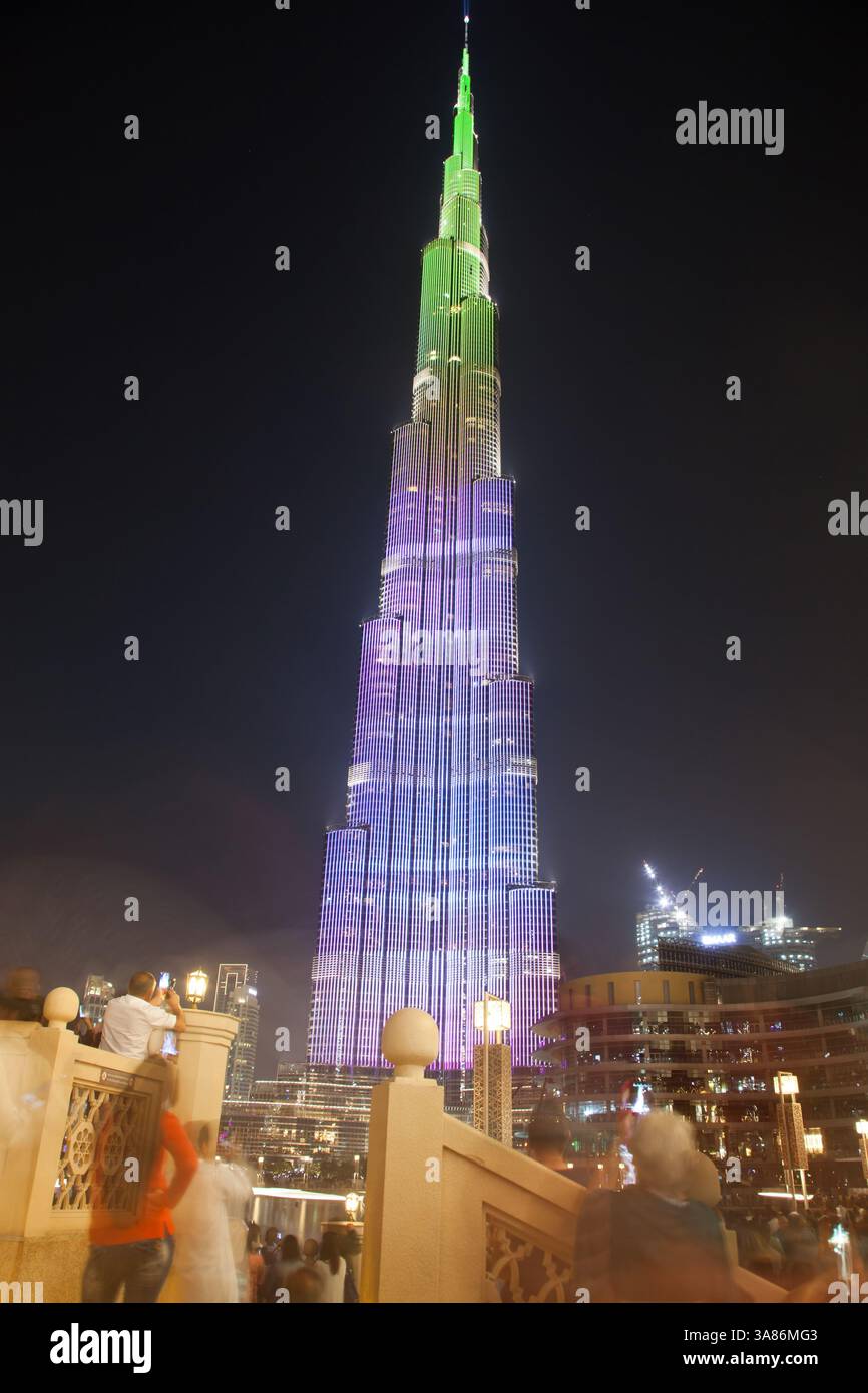 Laser show at night on Burj Khalifa, world's tallest tower, Downtown Burj Dubai, Dubai, United ...