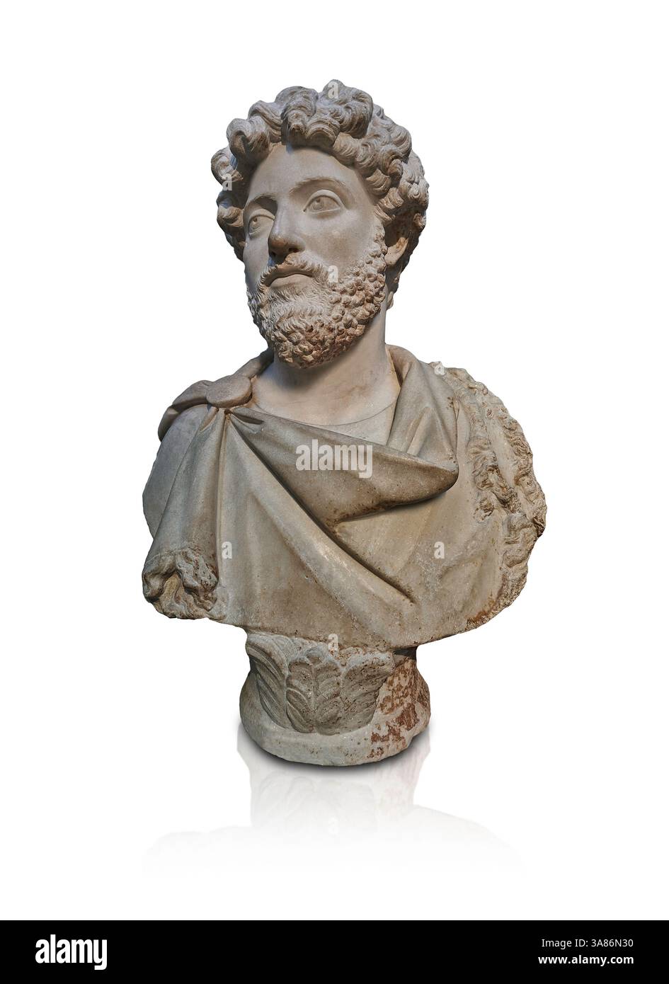 Roman marble bust of the emperor Marcus Aurelius in a fringed cloak ...