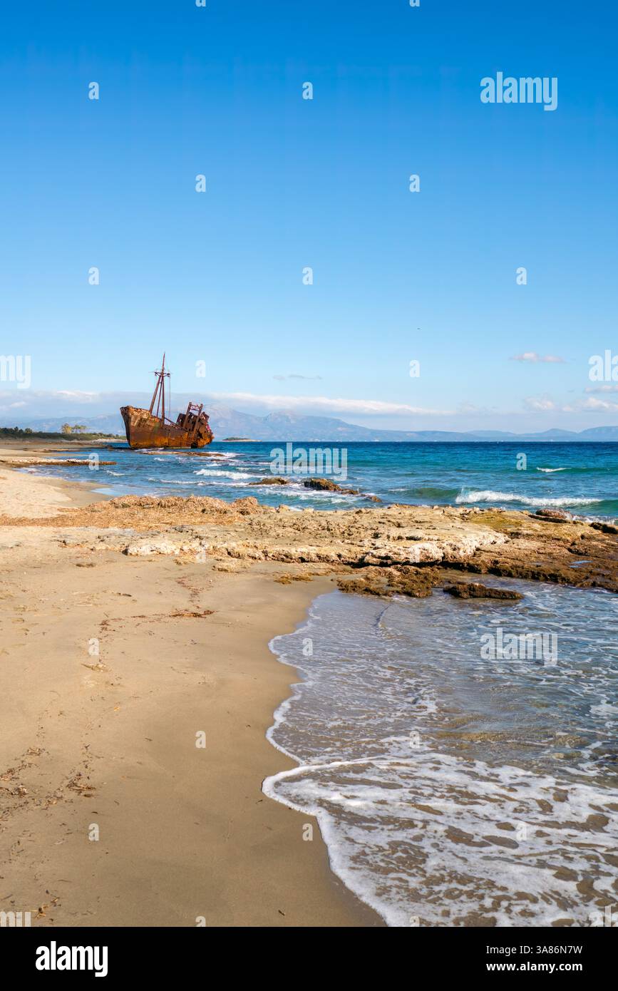 Dimitrios boat shipwreck on a sandy beach near Gythio, Peloponnese ...