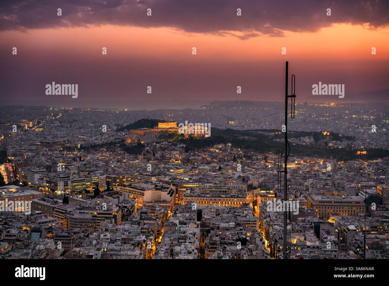 City at sunset with Parthenon and Acropolis seen from Lycabettus hill viewpoint, Athens, Greece ...