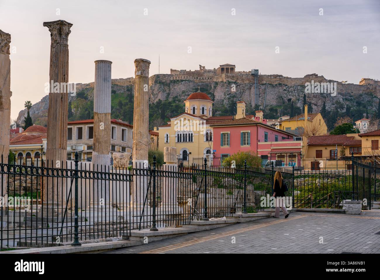 Hadrians Library, ancient Greek buildings with Parthenon and Acropolis ...