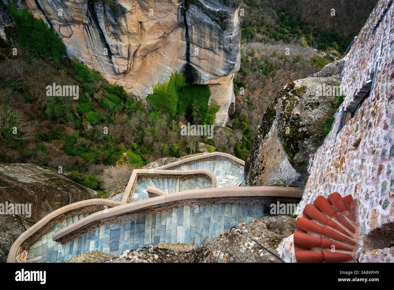 Meteora, stairs in ancient holy Monastery of Varlaam, UNESCO, Kalabaka ...