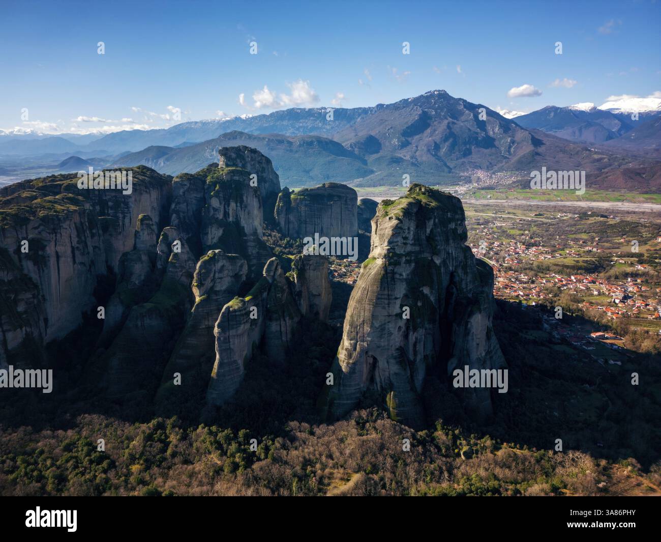 Drone aerial view of Meteora and ancient holy monastery, UNESCO ...