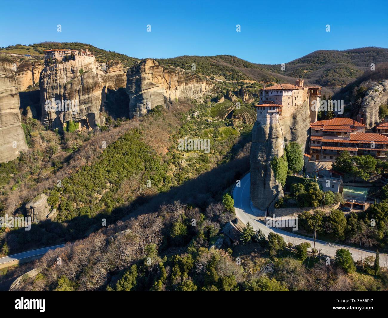 Drone aerial view of Meteora with ancient holy Monastery of Varlaam ...