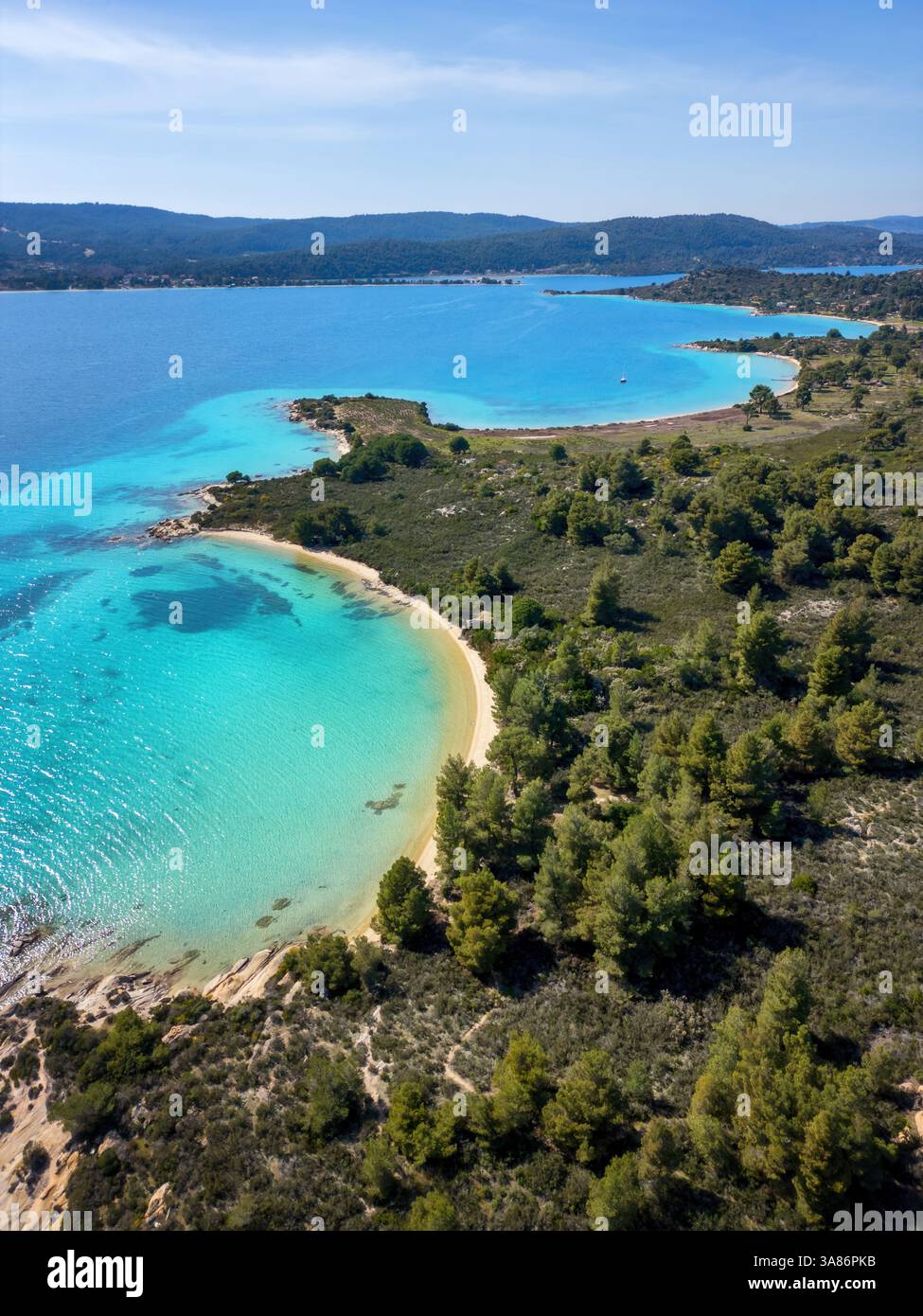 Diaporos island with wild beaches with turquoise water, drone aerial ...