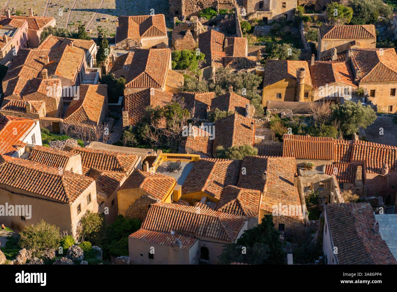 Historic stone houses roof tiles, Monemvasia, Laconia, Greece Stock ...