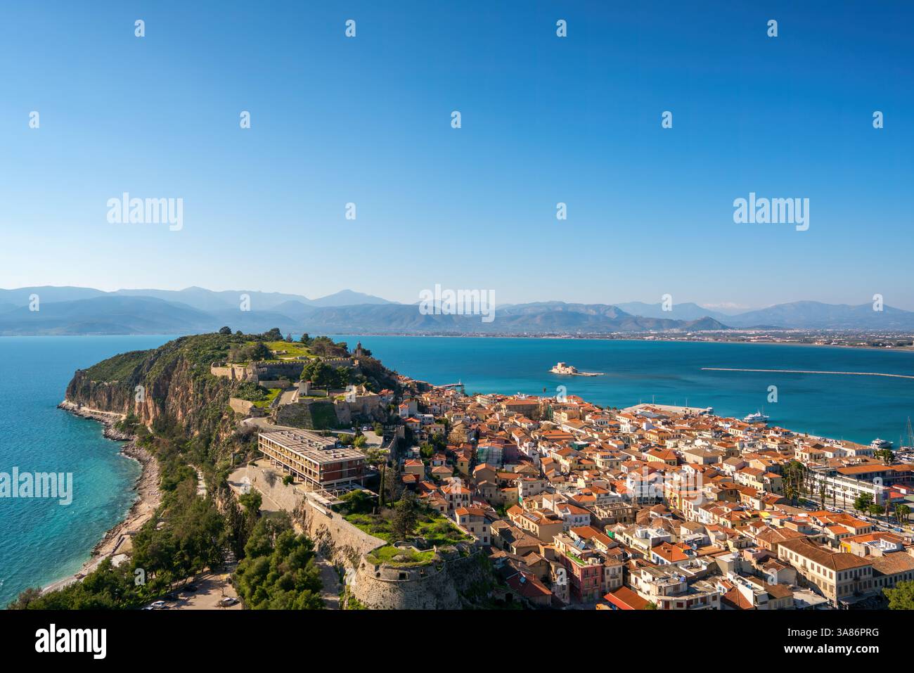 Nafplion historic city view with Palamidi fortress and Bourtzi Castle ...