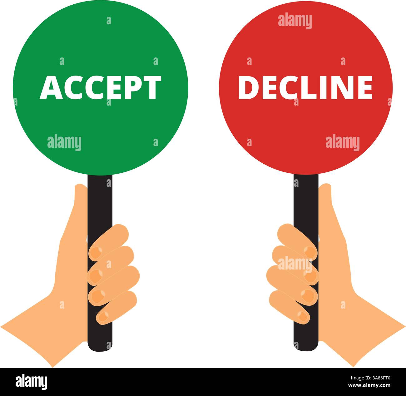 Hands holding red and green round signs with accept and decline words written on them Stock ...