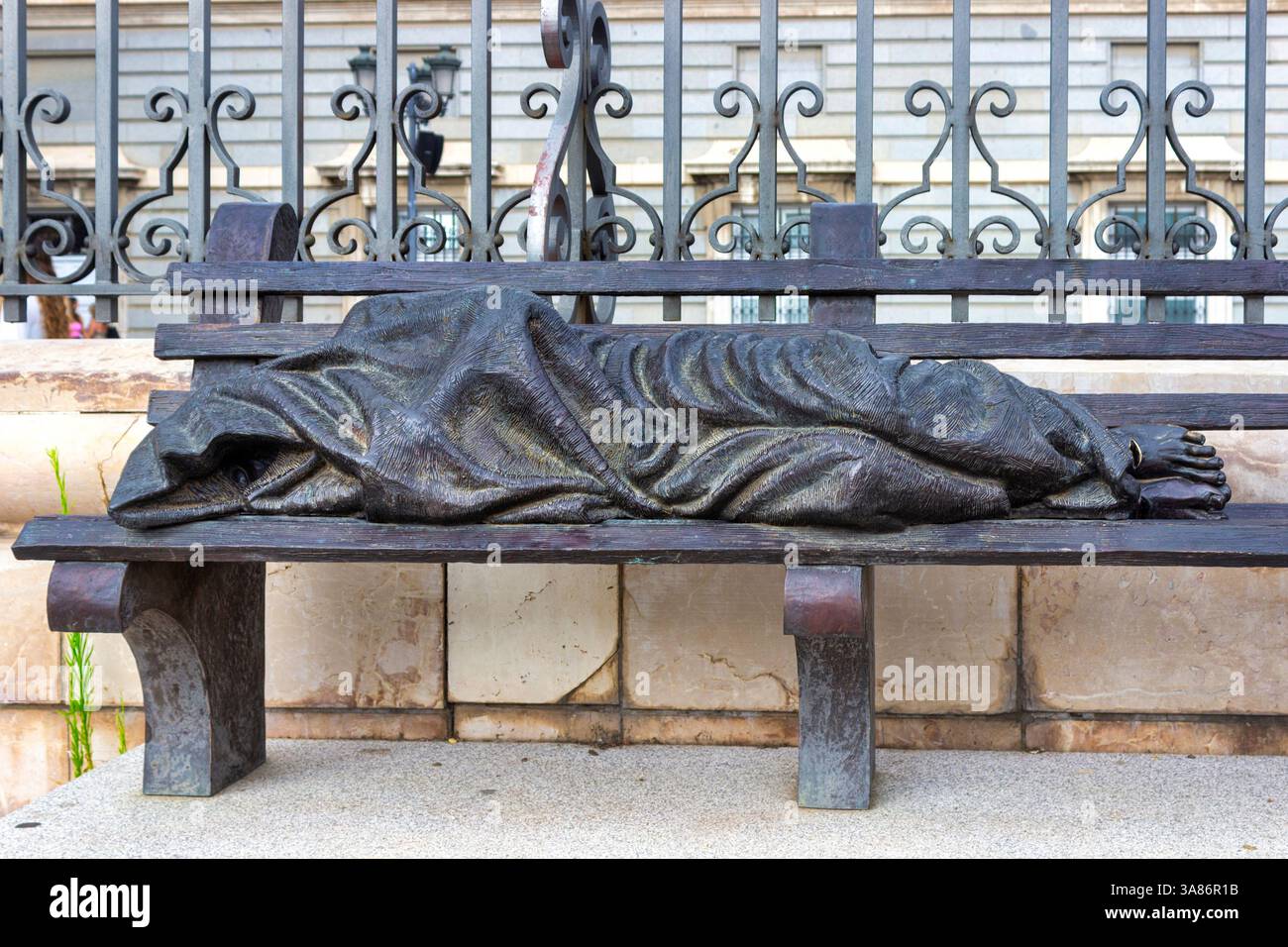 Homeless Jesus statue, Madrid, Spain Stock Photo - Alamy