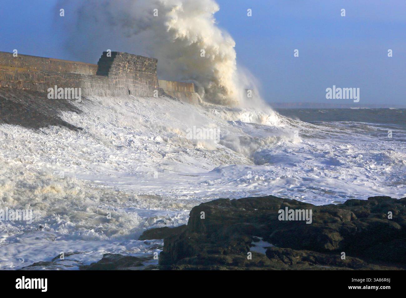 Storm waves (Storm Eowyn), Porthcawl Pier, South Wales, United Kingdom ...