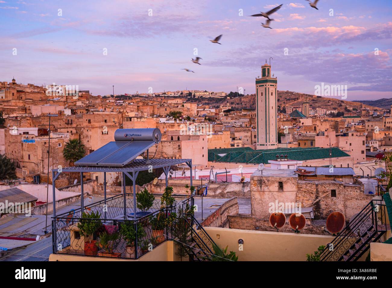 Warm purple Sunrise over the Medina of Fes, with central old ton and ...