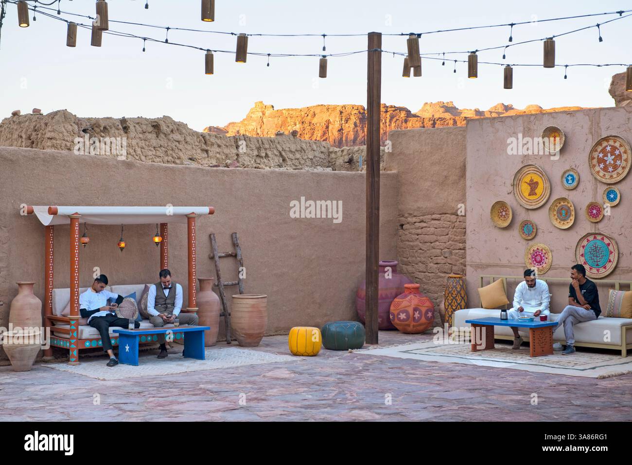 Open-air cafe on a small square in the old town of AlUla, Medina ...