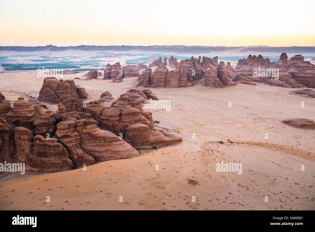 Aerial view from hot air balloon over Hegra site and around, AlUla ...