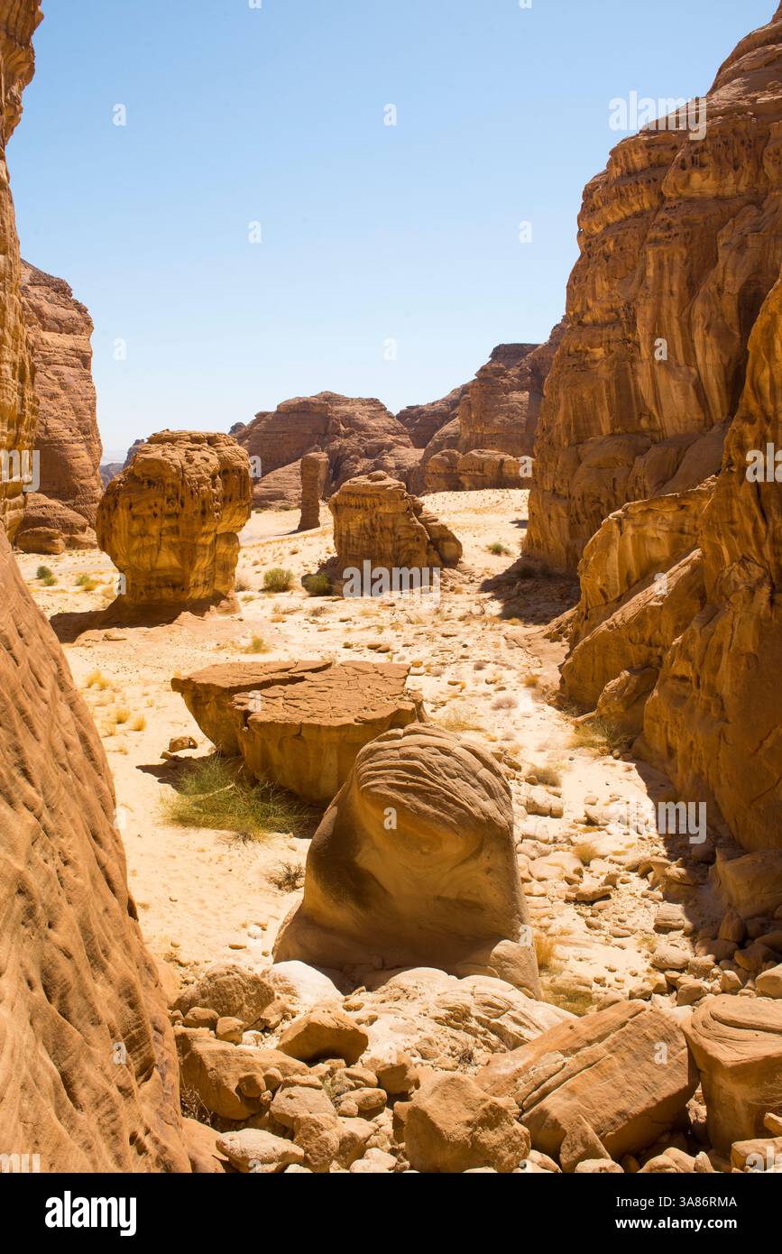 Sandstone rock formations in the desert canyons of the Ashar Valley ...