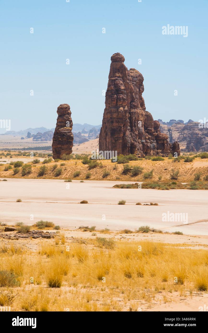 Sandstone rock tower beside a large dry salt lake in the Sharaan Nature ...