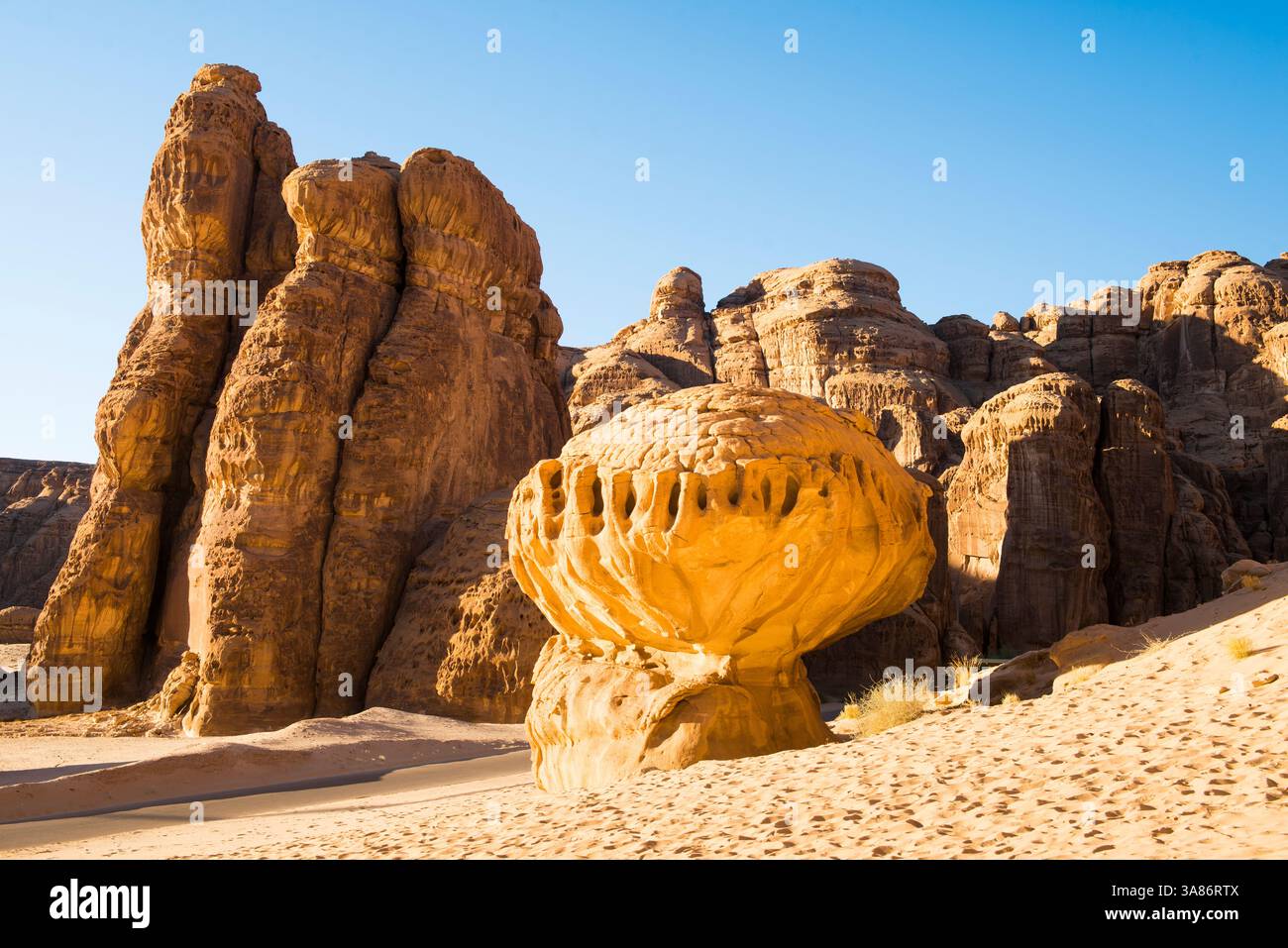 Remarkable sandstone rock carved by erosion in the Ashar Valley, AlUla ...