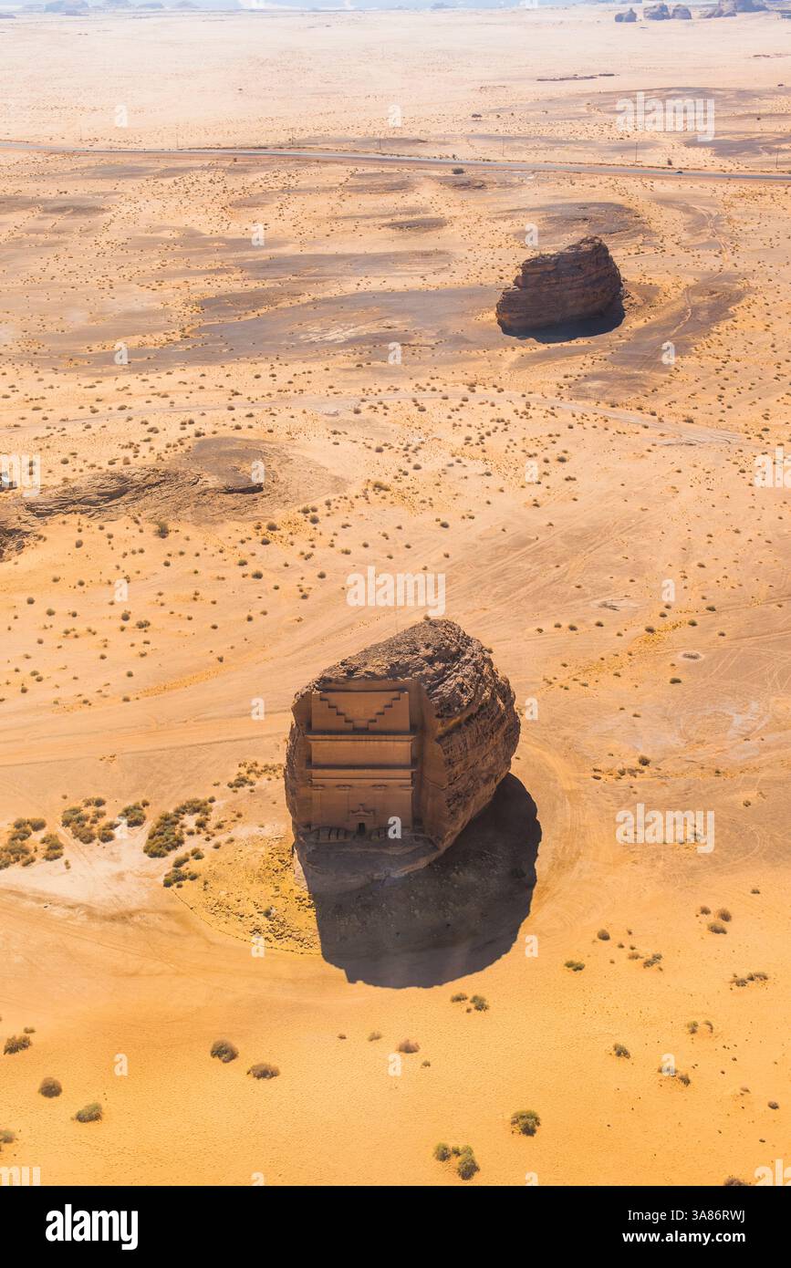 Aerial view of Qasr al-Farid, the largest tomb within Site of Hegra ...