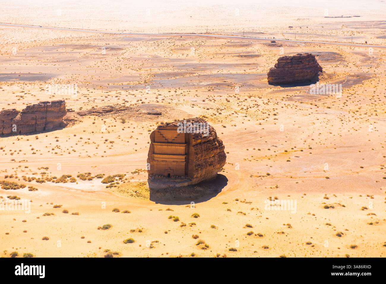 Aerial view of Qasr al-Farid, the largest tomb within Site of Hegra ...