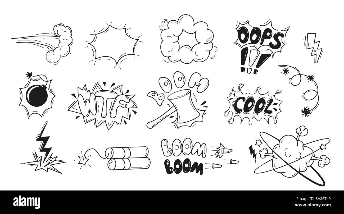 Boom effects and explosion elements vector. Comic-style zap, bam, and ...