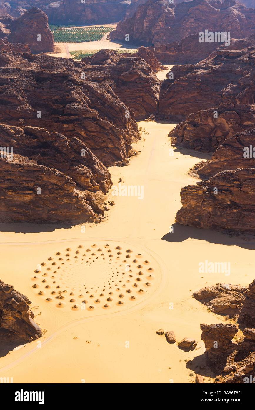 Aerial view of a work of land art in the middle of red sandstone ...