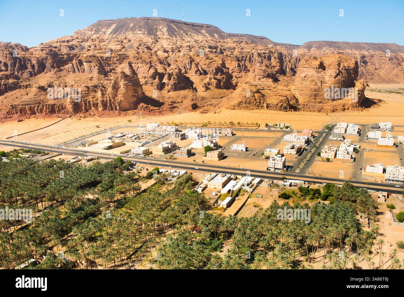 Aerial view of Palm grove and farms in the oasis of AlUla, Medina ...