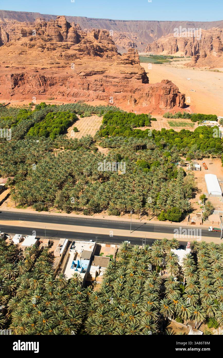 Aerial view of Palm grove and farms in the oasis of AlUla, Medina ...