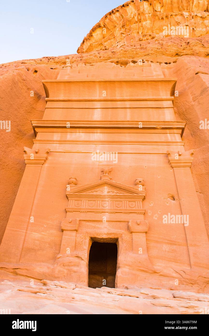 Tomb carved into sandstone rock of Jabal Banat (Qasr Al-Bint) area in ...